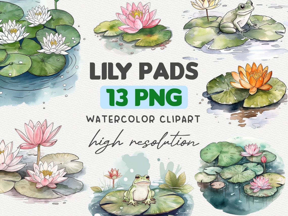 Watercolor Lily Pad Clipart Bundle, Frog Pond PNG Digital Download ...