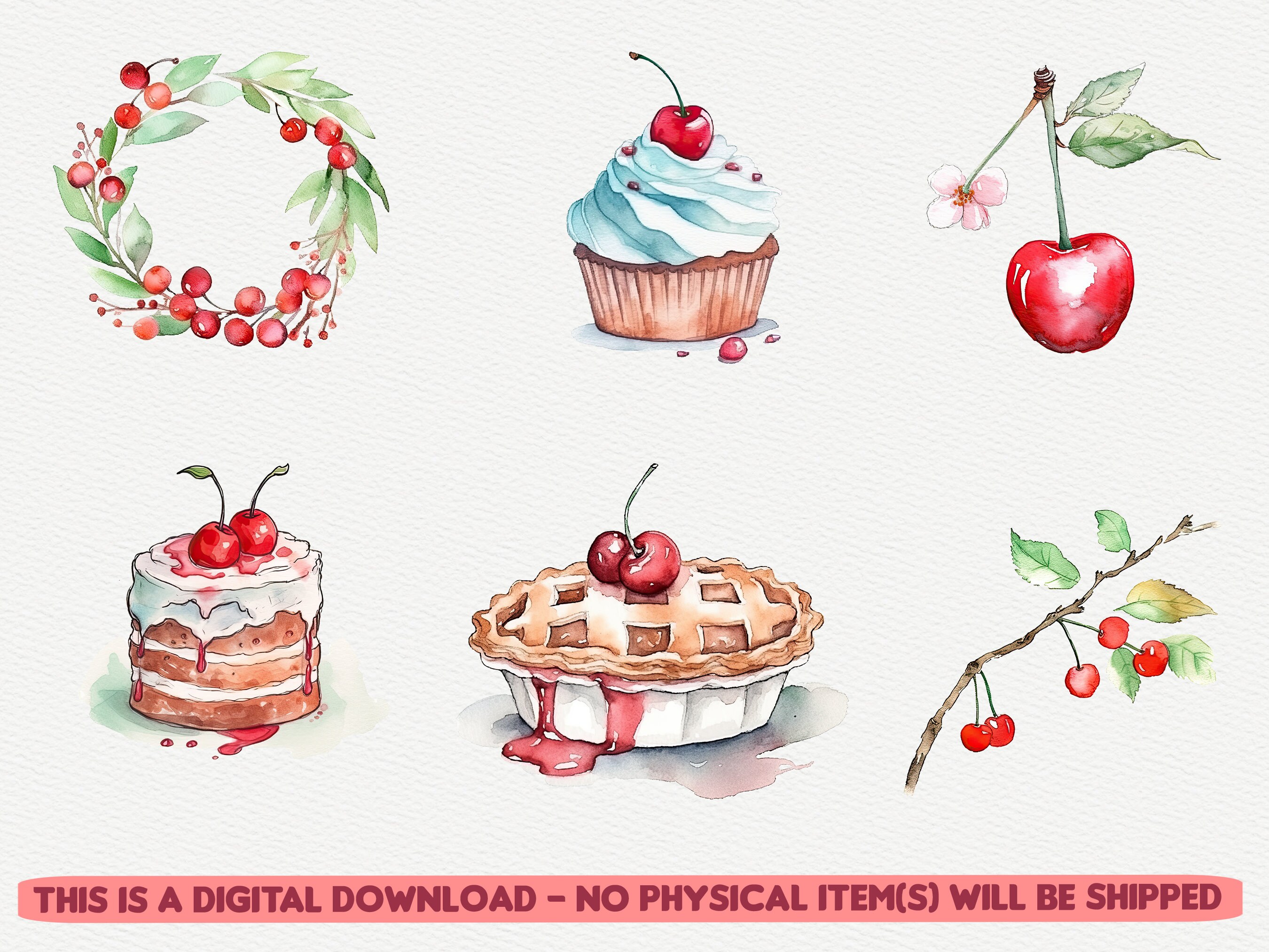 Watercolor Cherry Clipart Bundle, Cherries PNG Digital Download ...