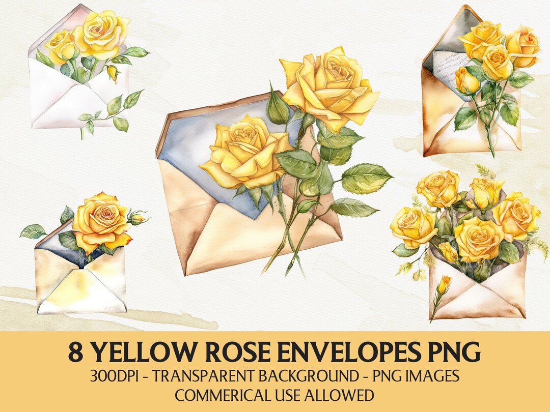 Floral Envelope Clipart, Watercolor Yellow Rose Png Bundle, Instant ...
