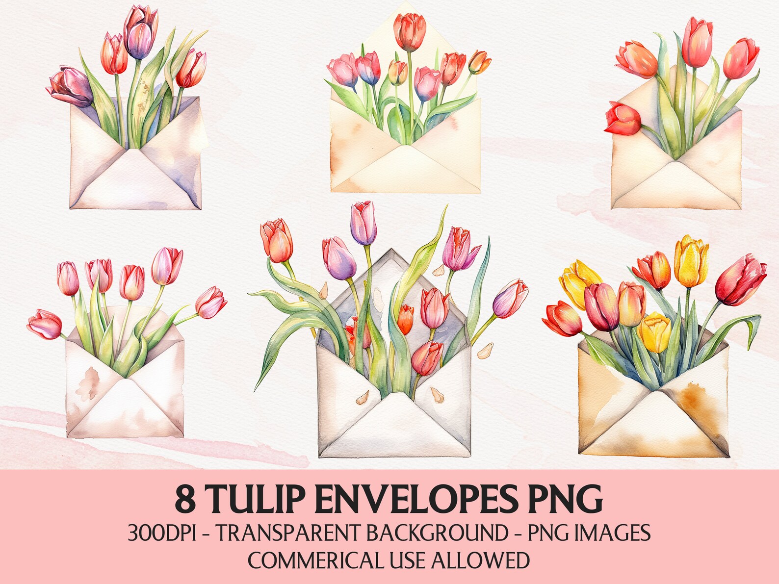 Floral Envelope Clipart, Watercolor Tulip Png Bundle, Instant Download ...