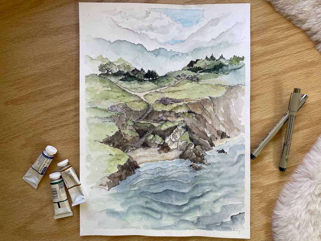 Watercolor, Pen and Ink, Hand Painted Seaside Cliffs, Fine Art Painting ...