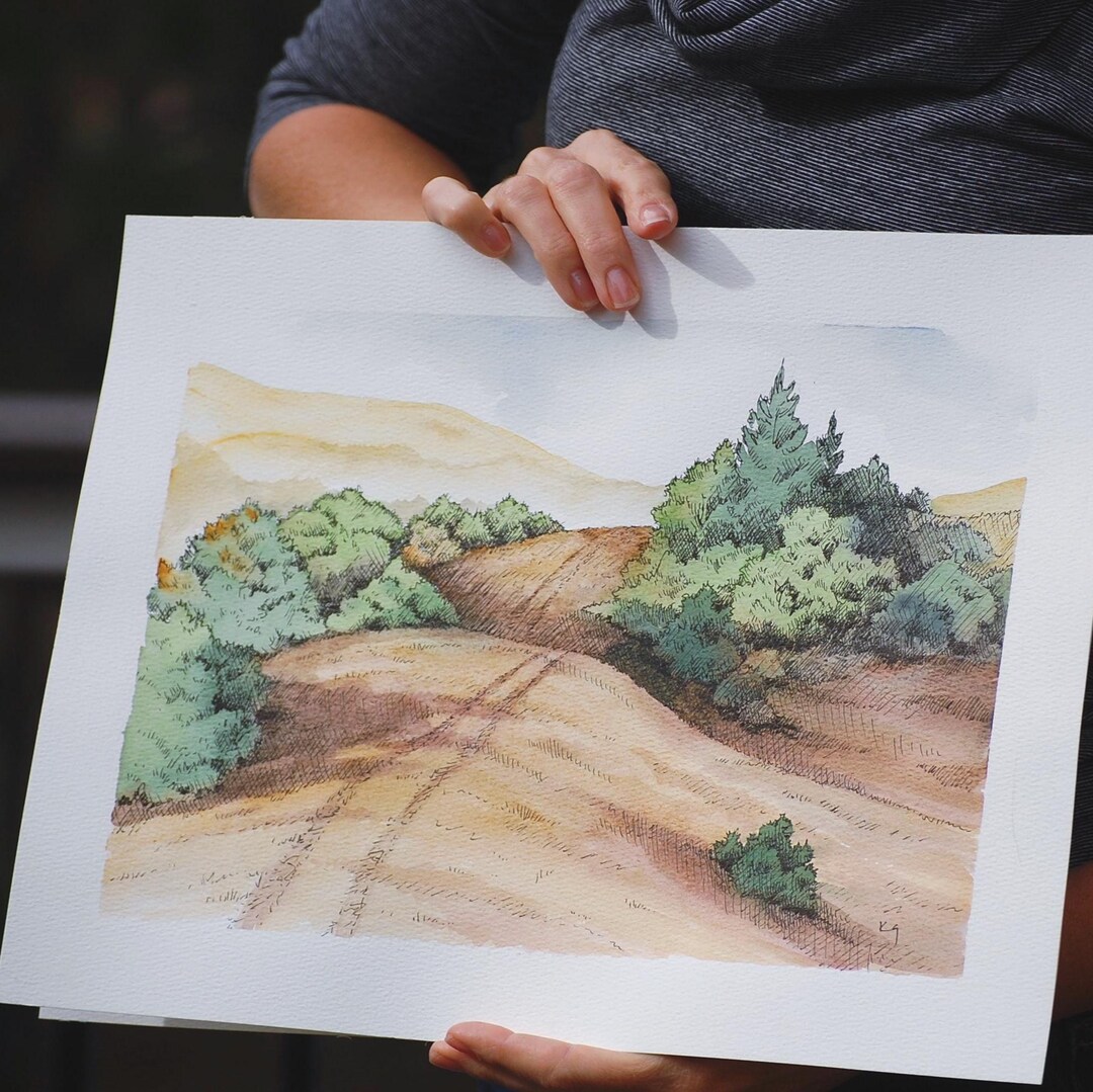 Watercolor and Ink Landscape Painting, 15x11, Original Art by Katie ...
