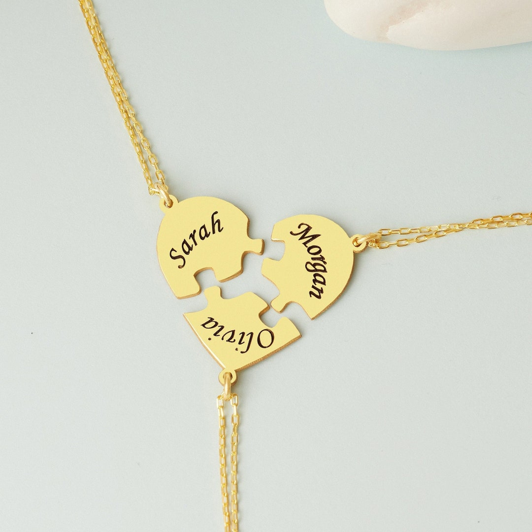 Gold Three Piece Best Friend Puzzle Necklace, BFF Gift, Matching Heart ...