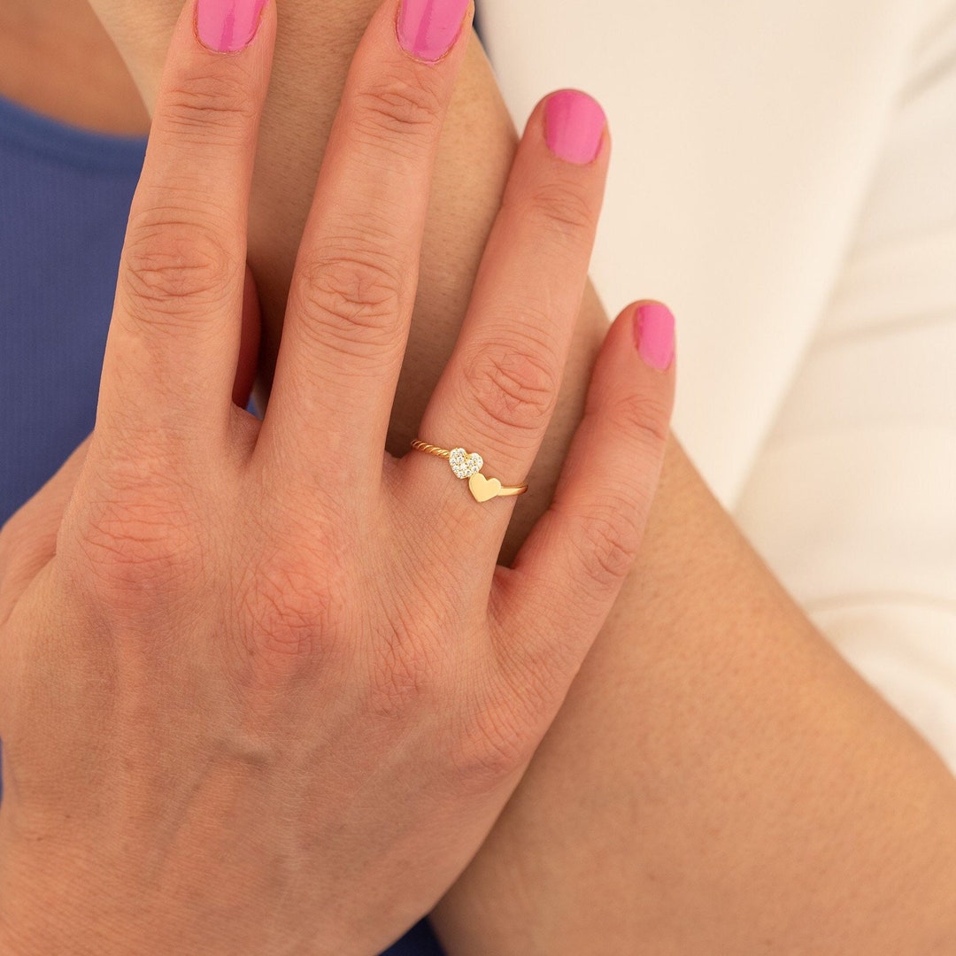 Double Heart Diamond Ring, Valentine Gift, Dainty Gold Pave Two Hearts ...