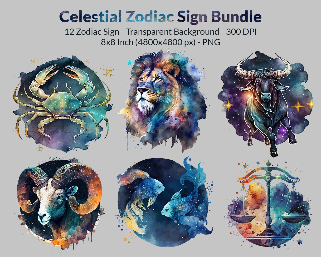 Zodiac Sign Bundle Clipart, PNG, Virgo, Aries ,aquarius, Cancer, Gemini ...