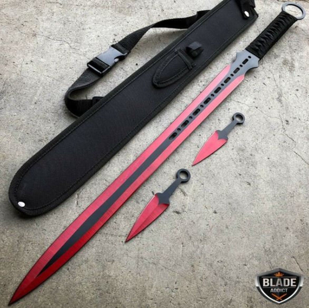 27 RED Ninja Sword Tactical Fixed BLADE Machete W/ 2 Throwing Knife ...