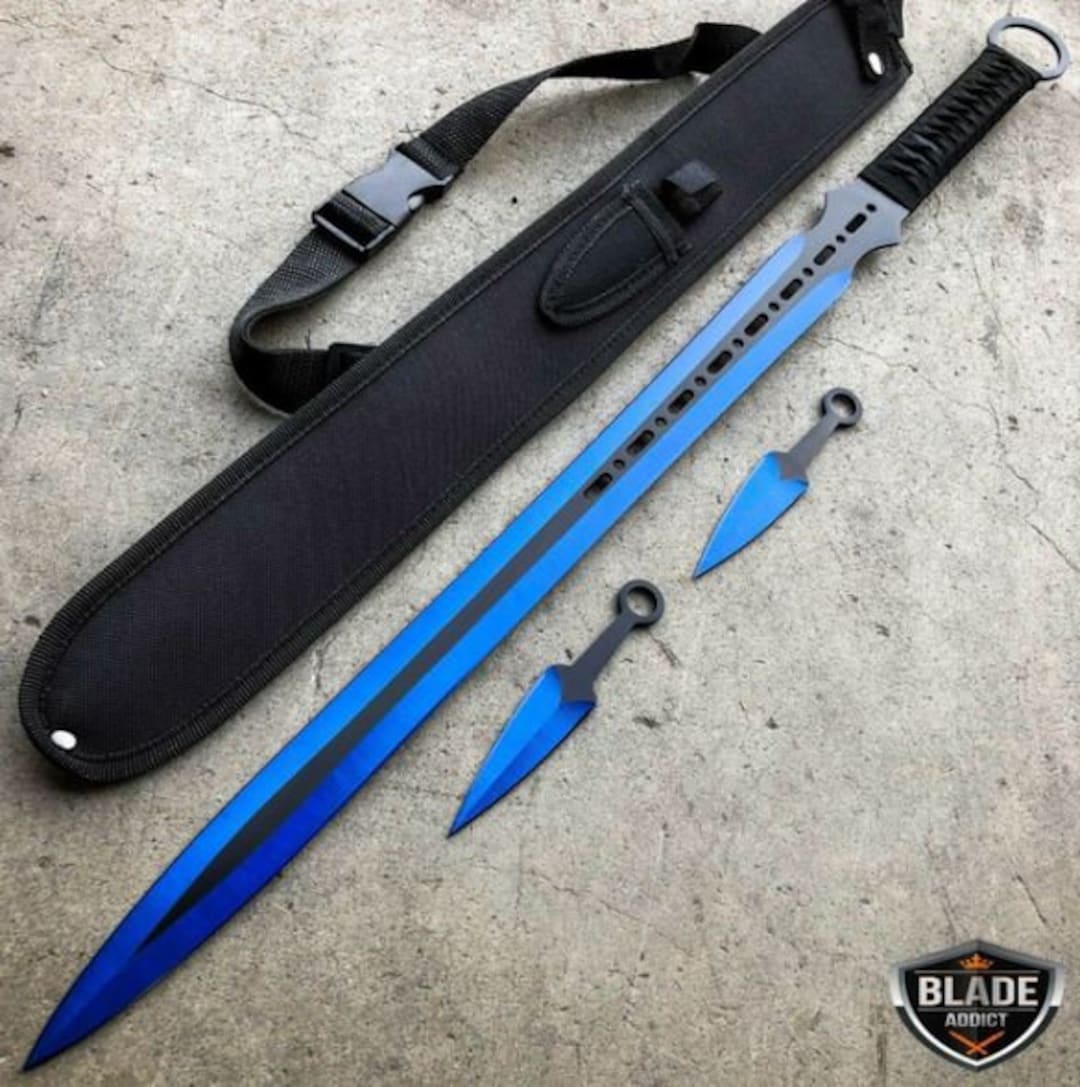 27" BLUE Ninja Sword Tactical Fixed BLADE Machete W/ 2 Throwing Knife ...