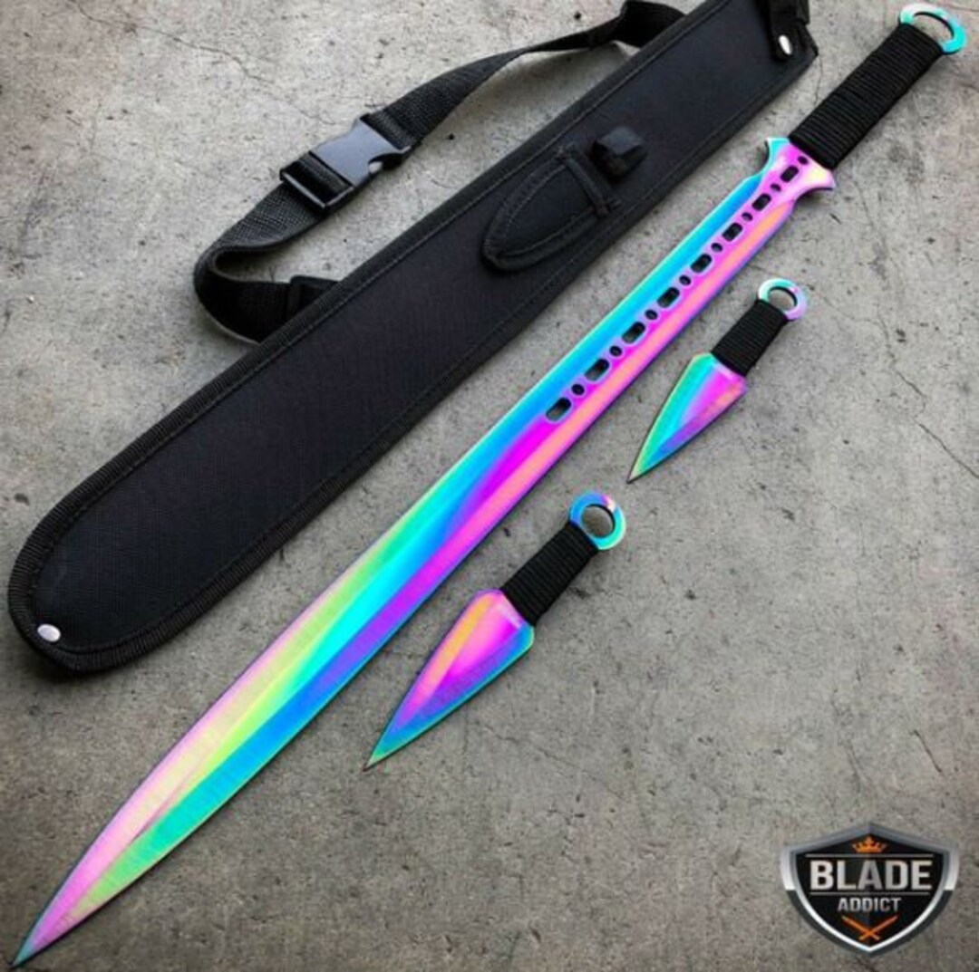 27" RAINBOW Ninja Sword Tactical Fixed BLADE Machete W/ 2 Throwing ...