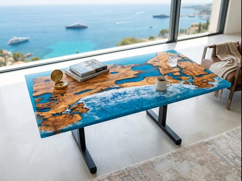 Ocean Resin Dining Table, Live Edge Wood, Blue Epoxy River Furniture ...