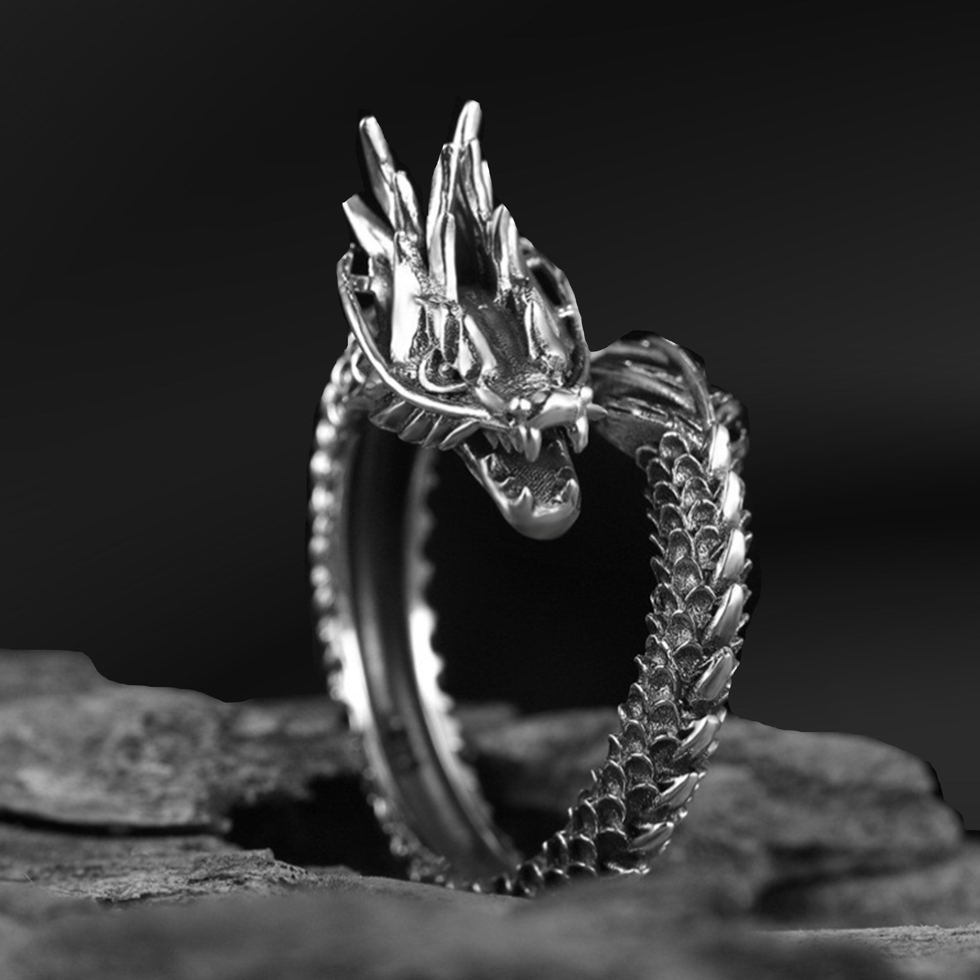 Adjustable Dragon Ring, Silver and Black Dragon Ring, Gothic Animal ...
