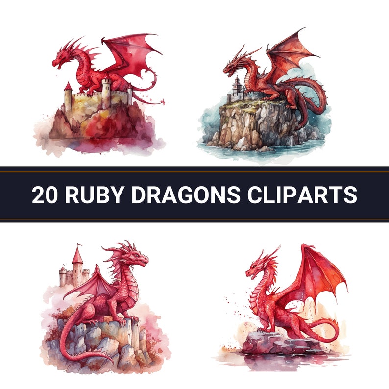 20 Cliparts of Watercolor Ruby Dragon Fantasy Clipart Full - Etsy