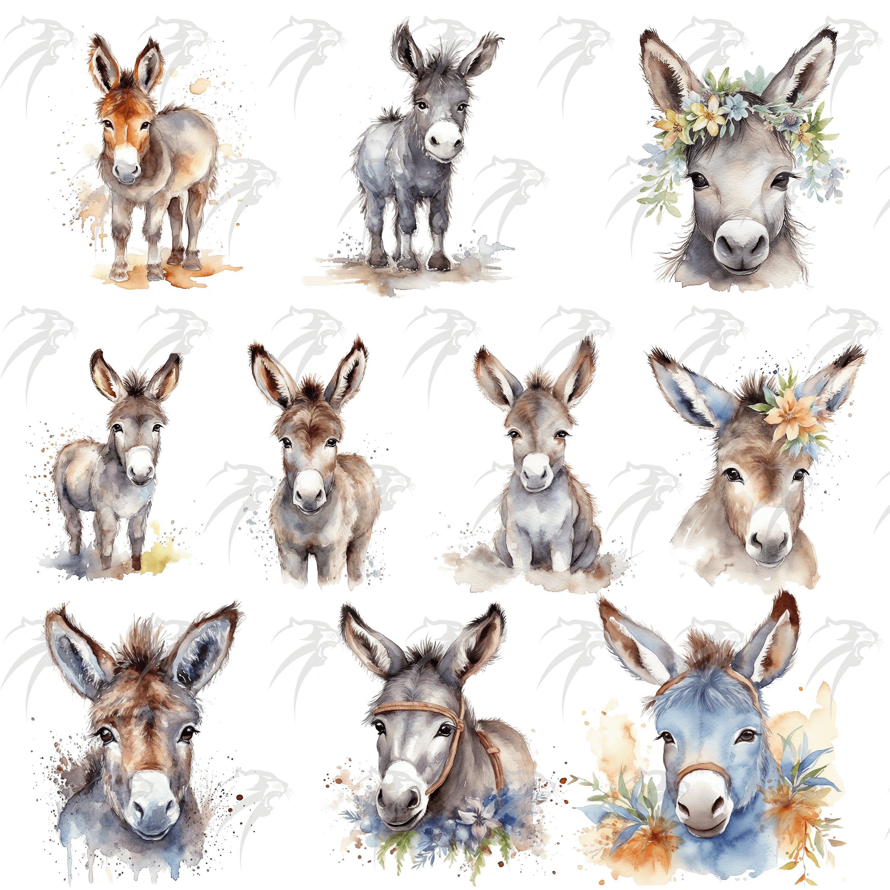 Watercolor Cute Small Donkey 20 High Quality Digital Art Pngs Cute ...