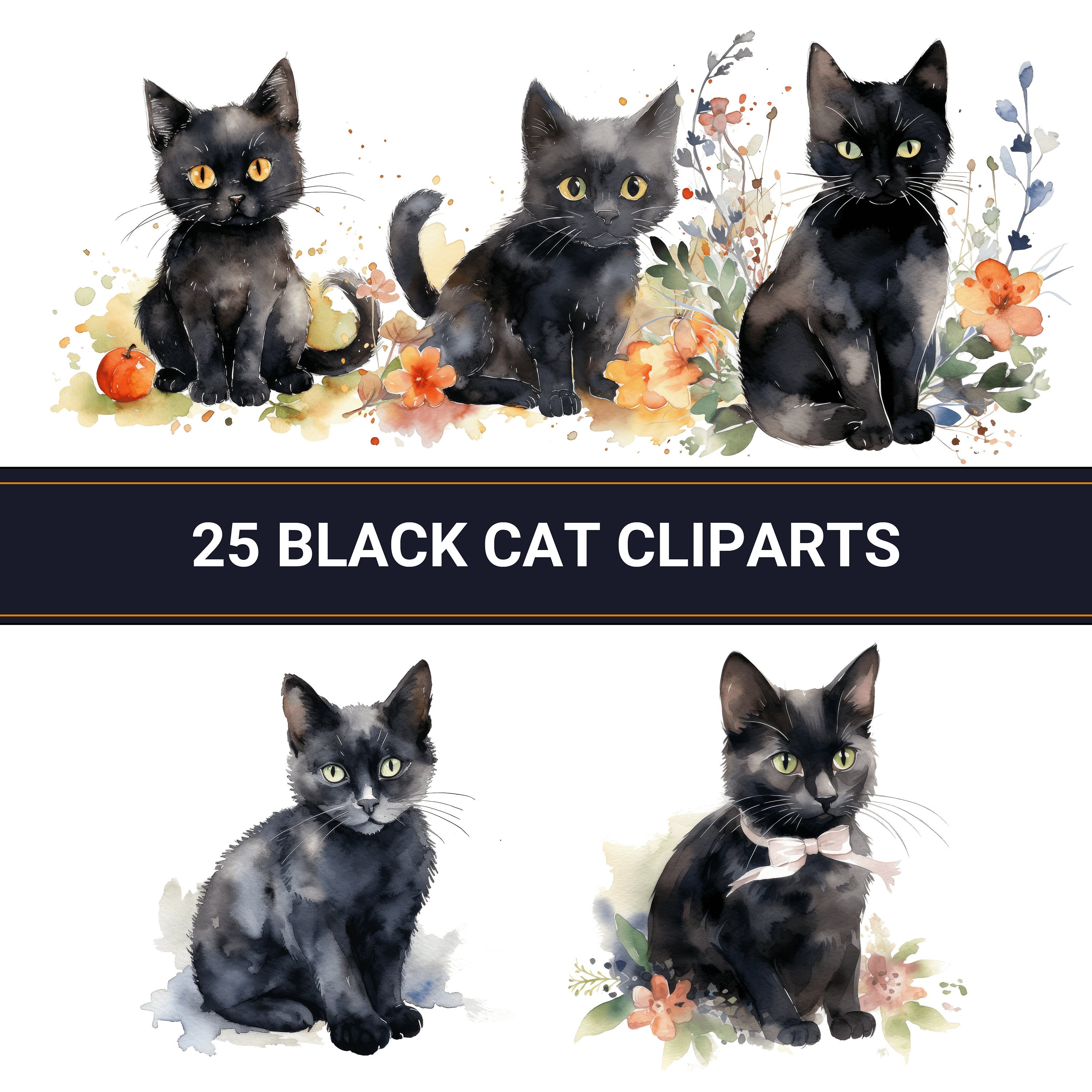 Watercolor Cute Black Cats 25 High Quality Digital Art Pngs Cute Black ...