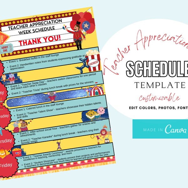 Teacher Appreciation Week Itinerary Template - Etsy