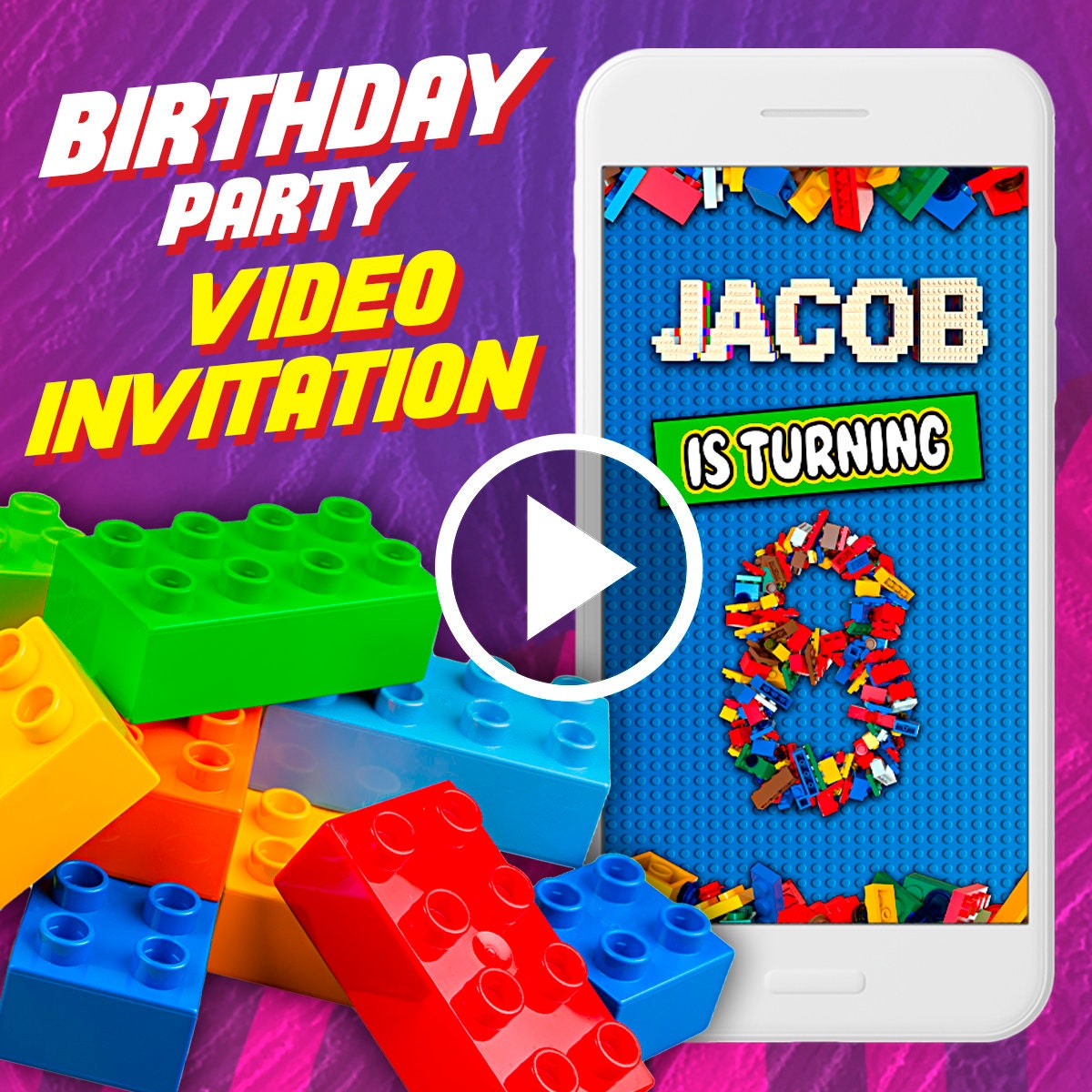 Brick Building Blocks Birthday Party Video Invitation, Blocks Digital ...