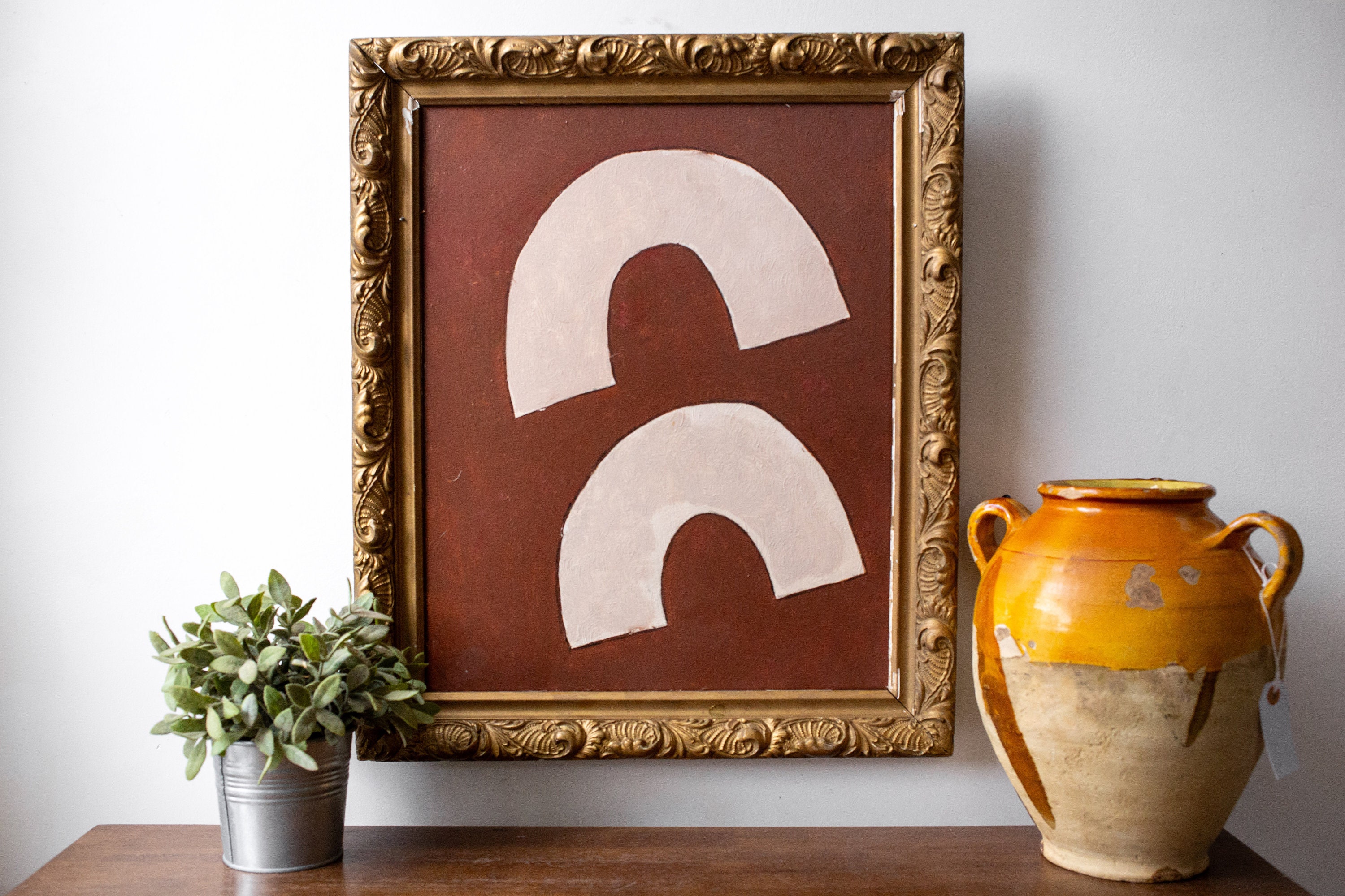 Original Abstract in Antique Gold Frame / Minimalist Wall Art in Deep ...