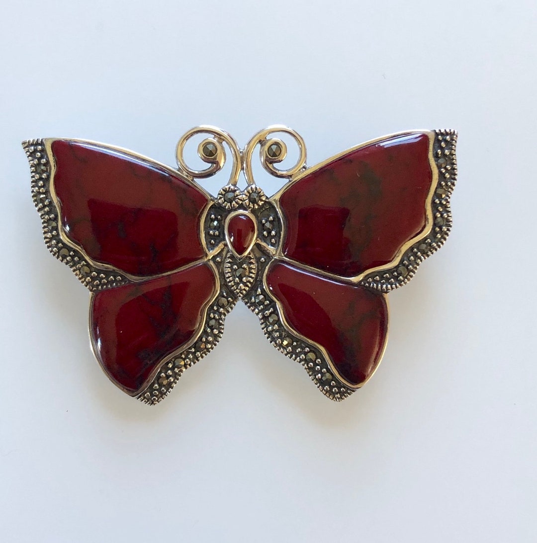 Sterling Silver, Butterfly With Marcasite, Black and Red Agate Pin ...