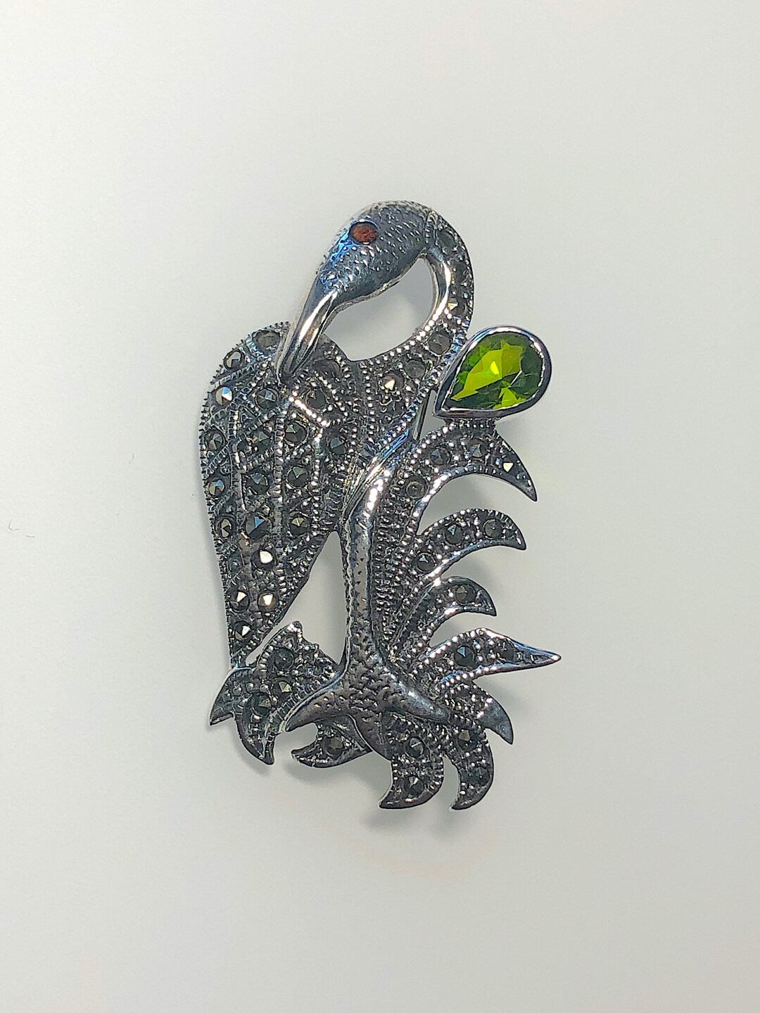 Sterling Silver, Marcasite Crane Pin Brooch With Faceted Red & Green ...