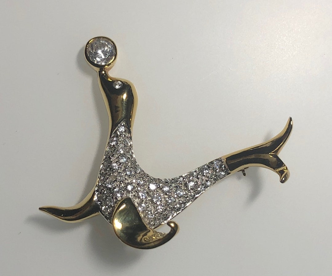 Vintage Sterling Silver Seal Pin /brooch With CZ Stones, Yellow Gold ...