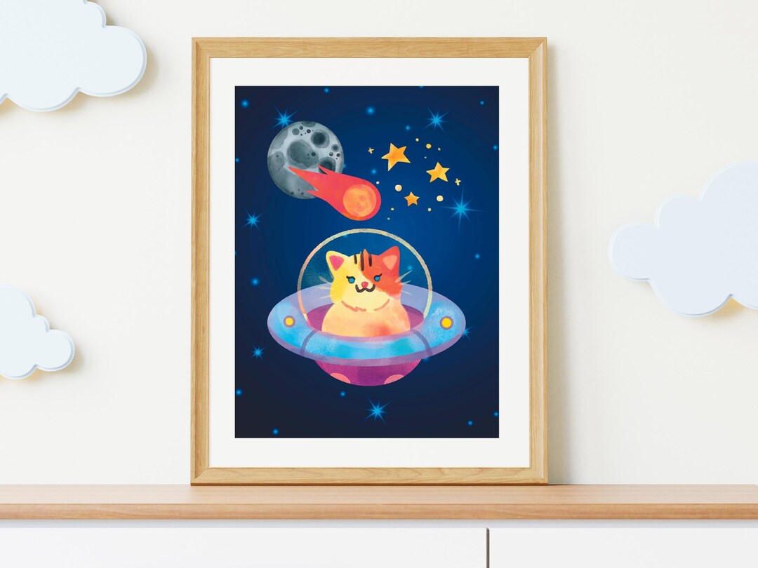 Cat in Spaceship Wall Art Prints, Watercolor Wall Art Kids, Wall Art ...