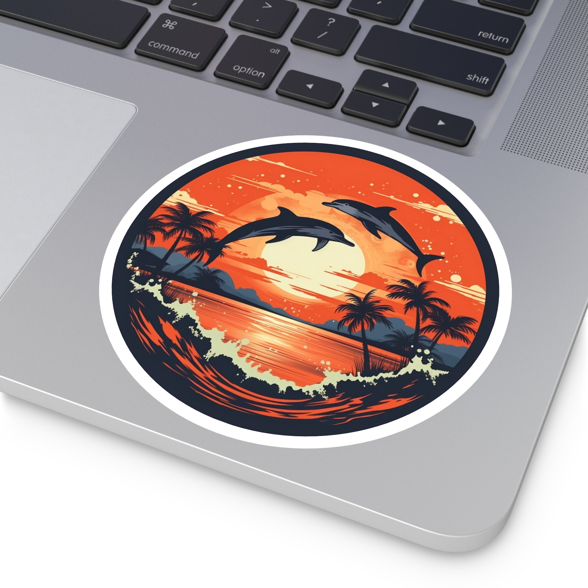 Round Stickers, Indoor Outdoor Dolphins Jumping Sunset Waterproof and ...