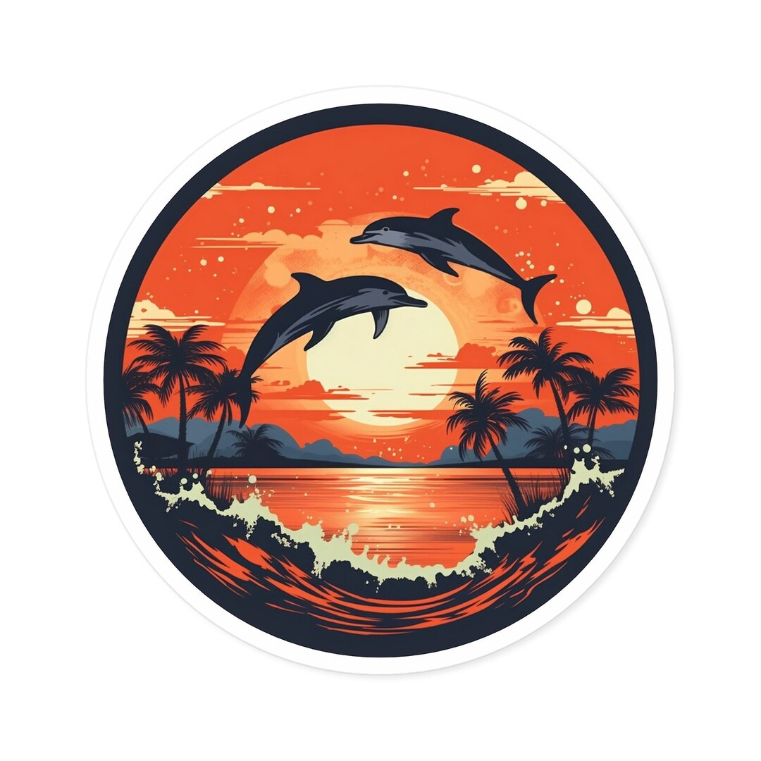 Round Stickers, Indoor Outdoor Dolphins Jumping Sunset Waterproof and ...