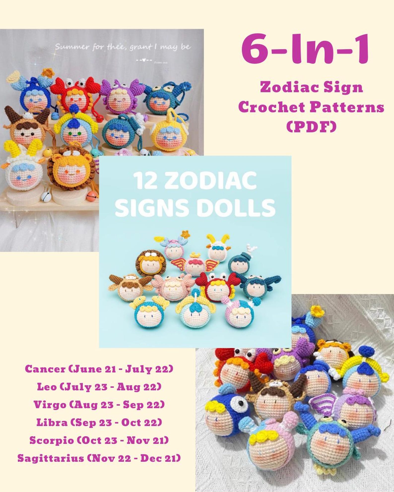Zodiac Sign Crochet Patterns (PDF) - Cancer to Sagittarius | Amigurumi ...