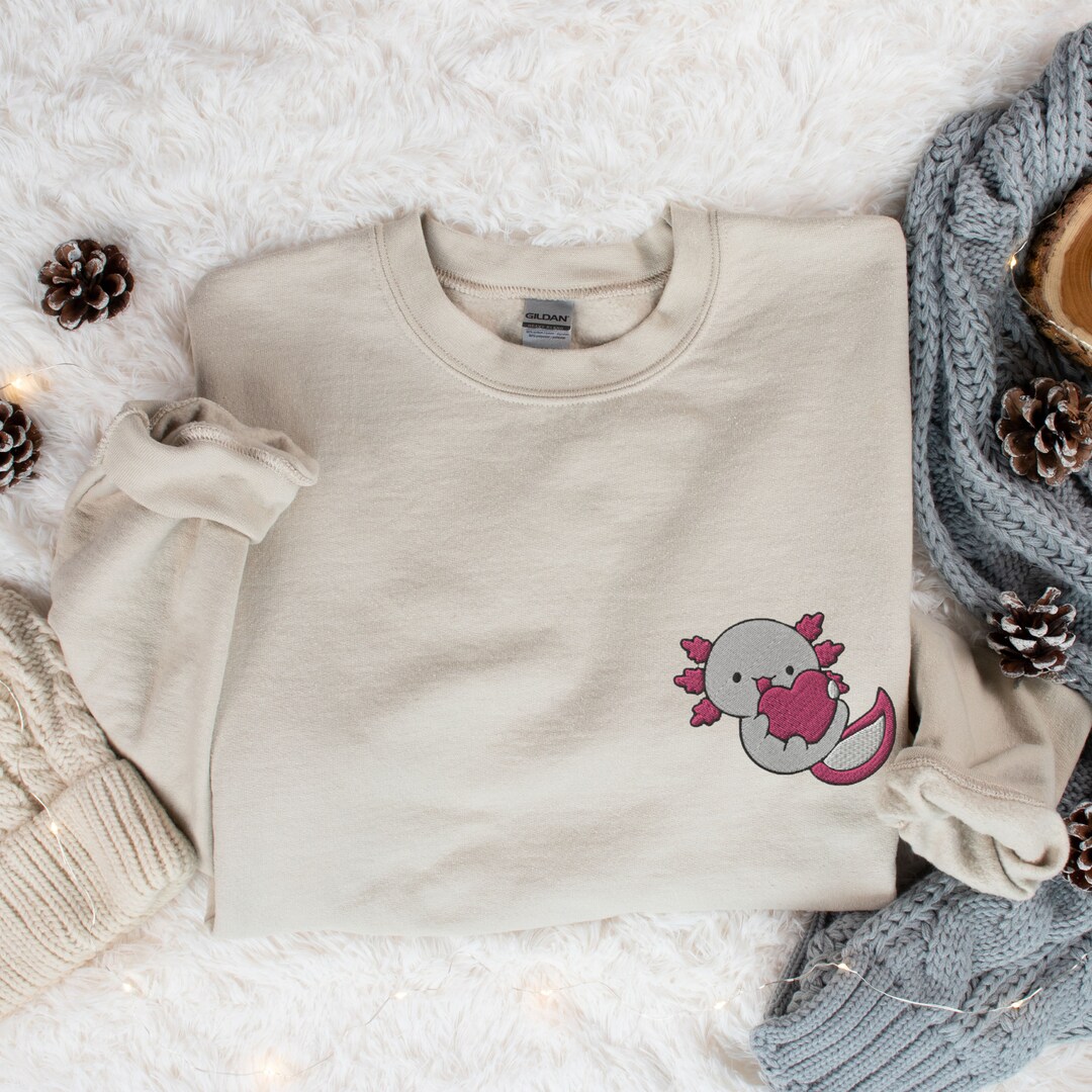 Embroidered Axolotl Valentines Sweater, Cute Embroidery Sweatshirt ...