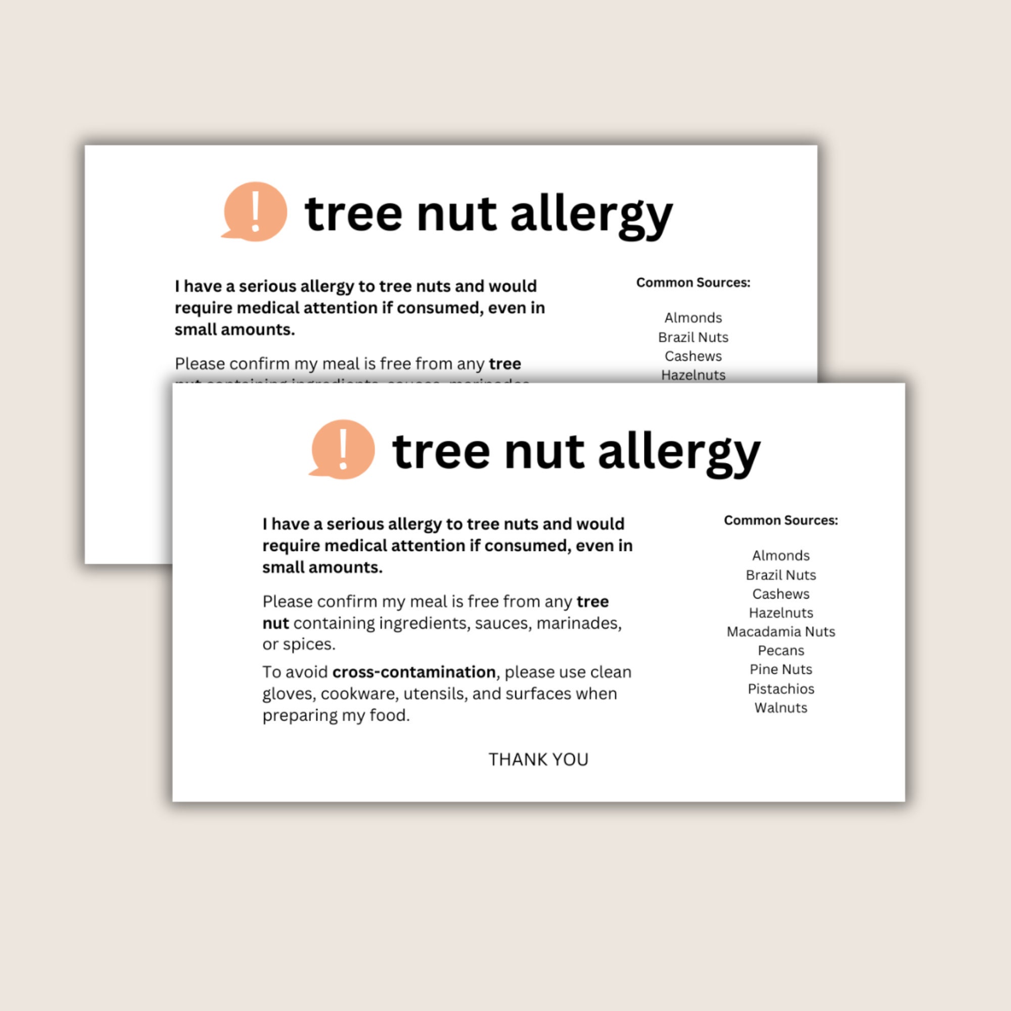 Printable Tree Nut Allergy Food Alert Cards - Allergy Travel Cards ...