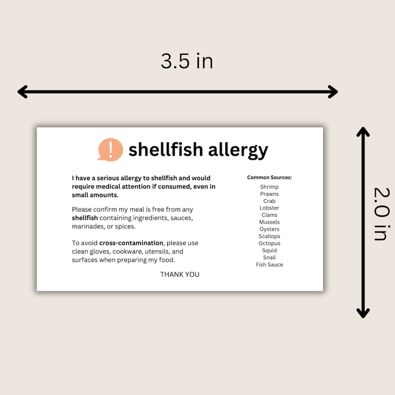 Printable Shellfish Allergy Food Alert Cards - Allergy Travel Cards ...