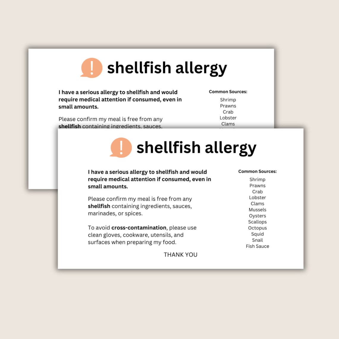 Printable Shellfish Allergy Food Alert Cards - Allergy Travel Cards ...