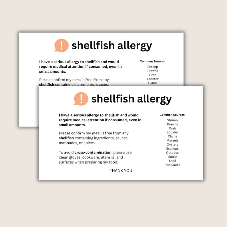 Printable Shellfish Allergy Food Alert Cards - Allergy Travel Cards ...
