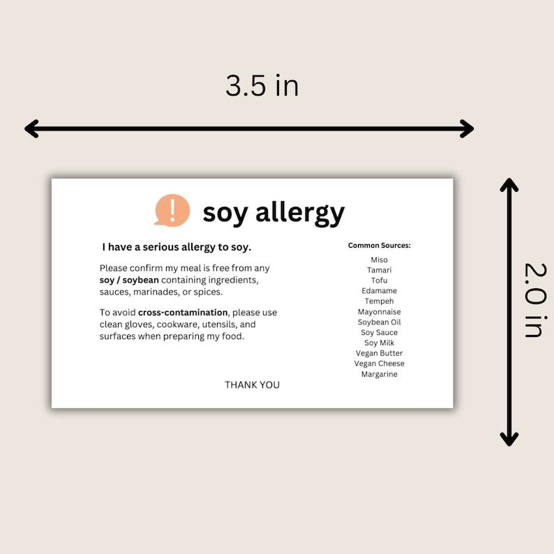 Printable Soy Allergy Food Alert Cards - Allergy Travel Cards ...