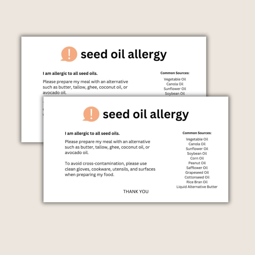 Printable Seed Oil Allergy Food Alert Cards - Allergy Travel Cards ...