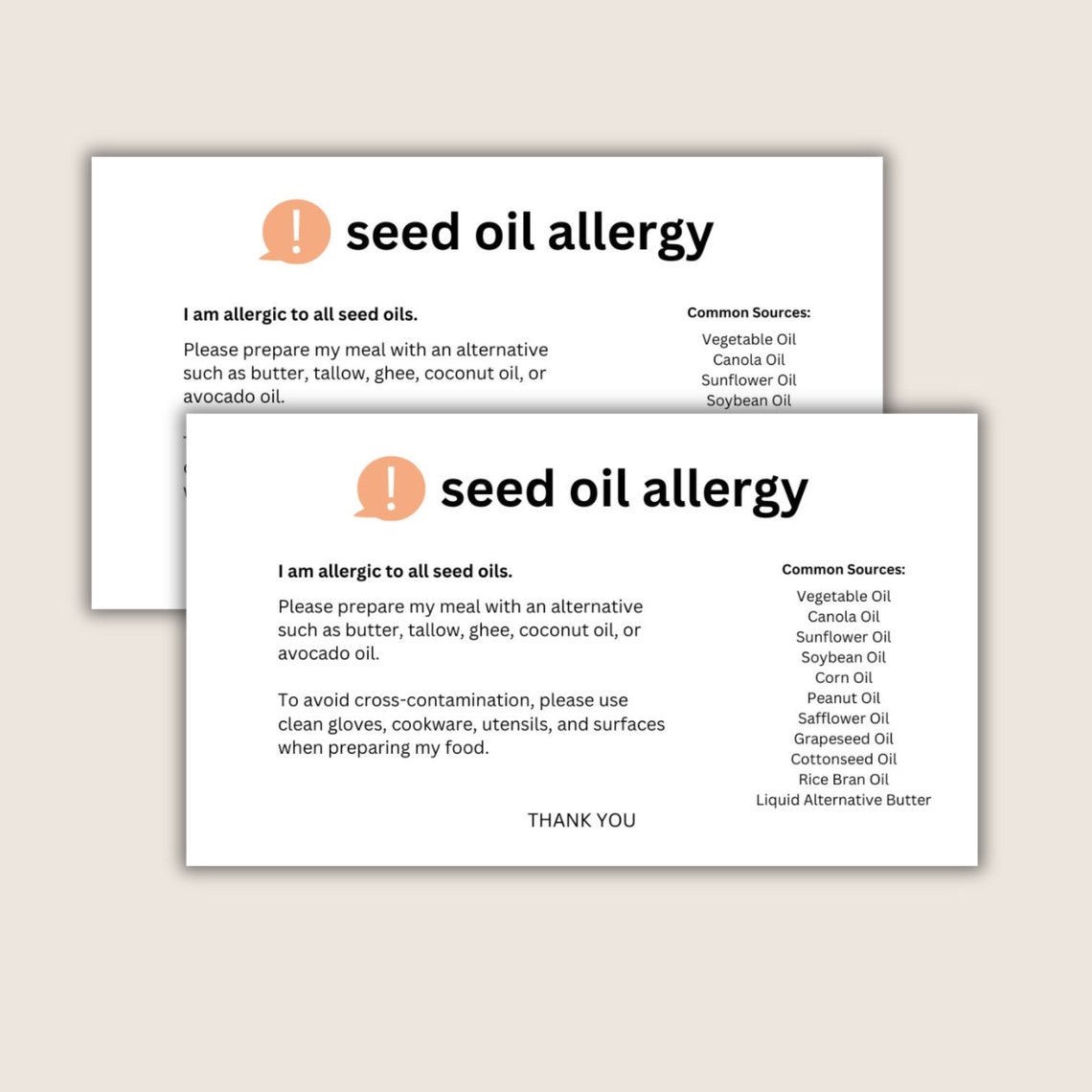 Printable Seed Oil Allergy Food Alert Cards - Allergy Travel Cards ...