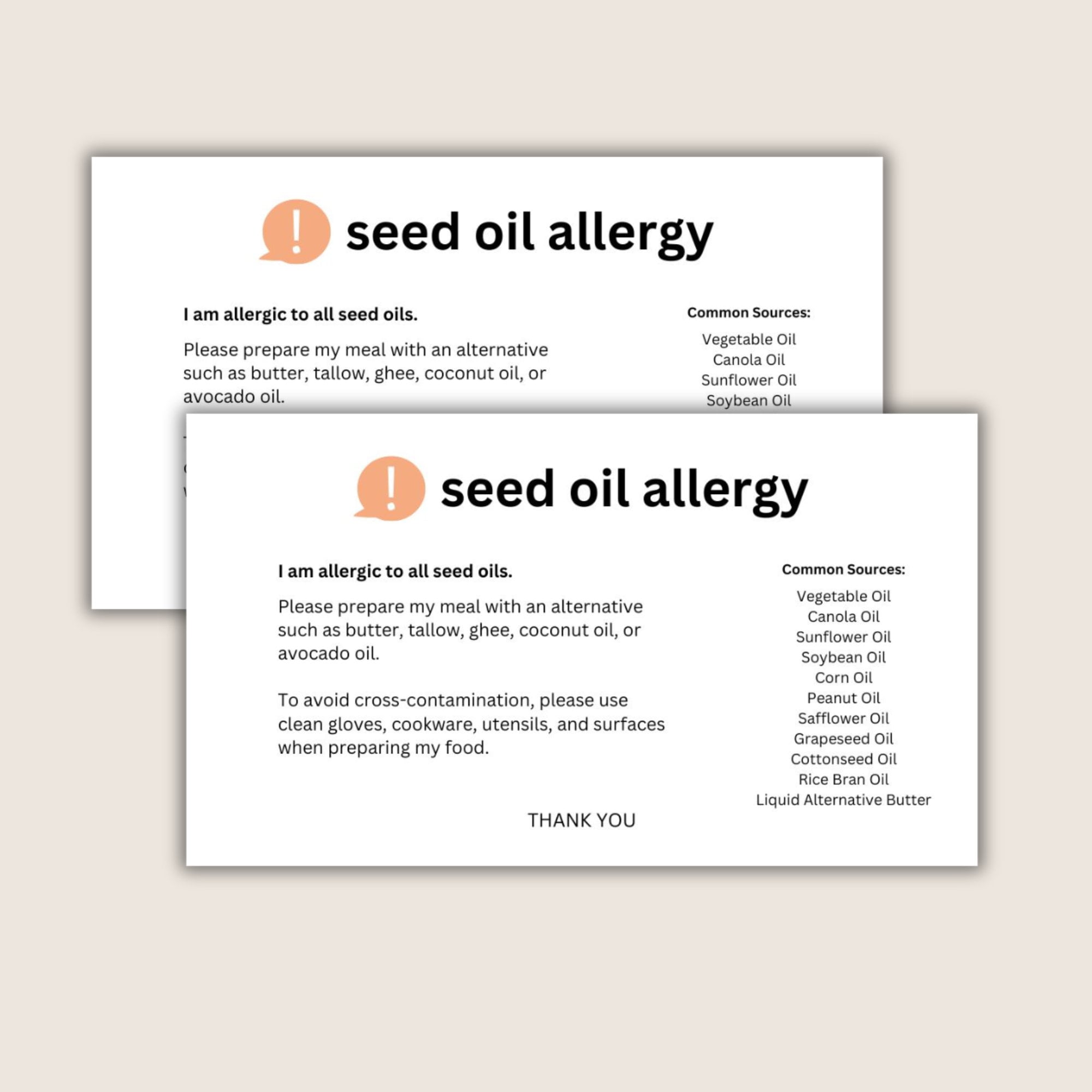 Printable Seed Oil Allergy Food Alert Cards - Allergy Travel Cards ...