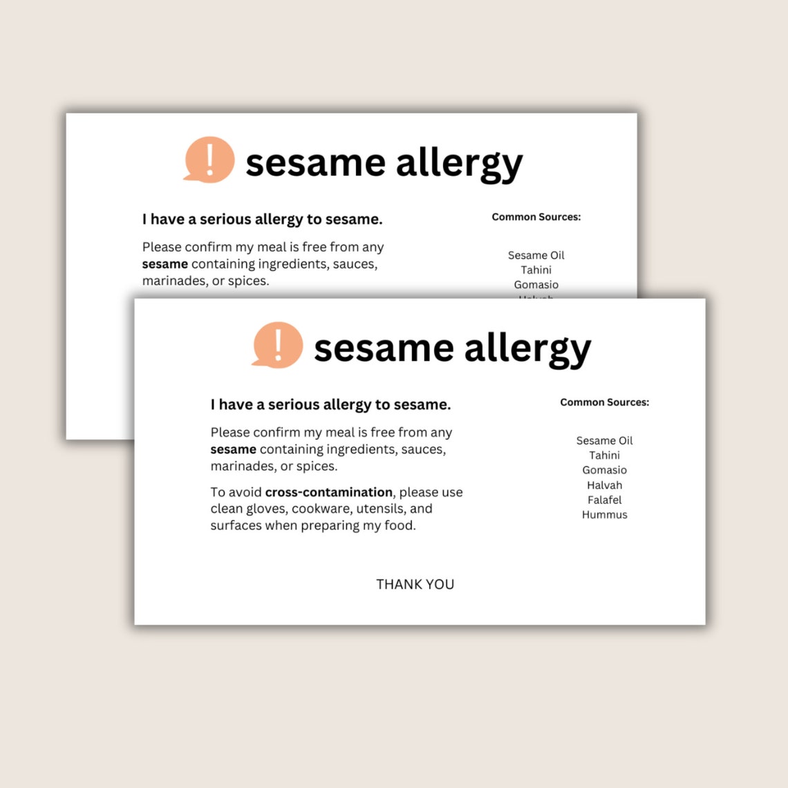 Printable Sesame Allergy Food Alert Cards - Allergy Travel Cards ...