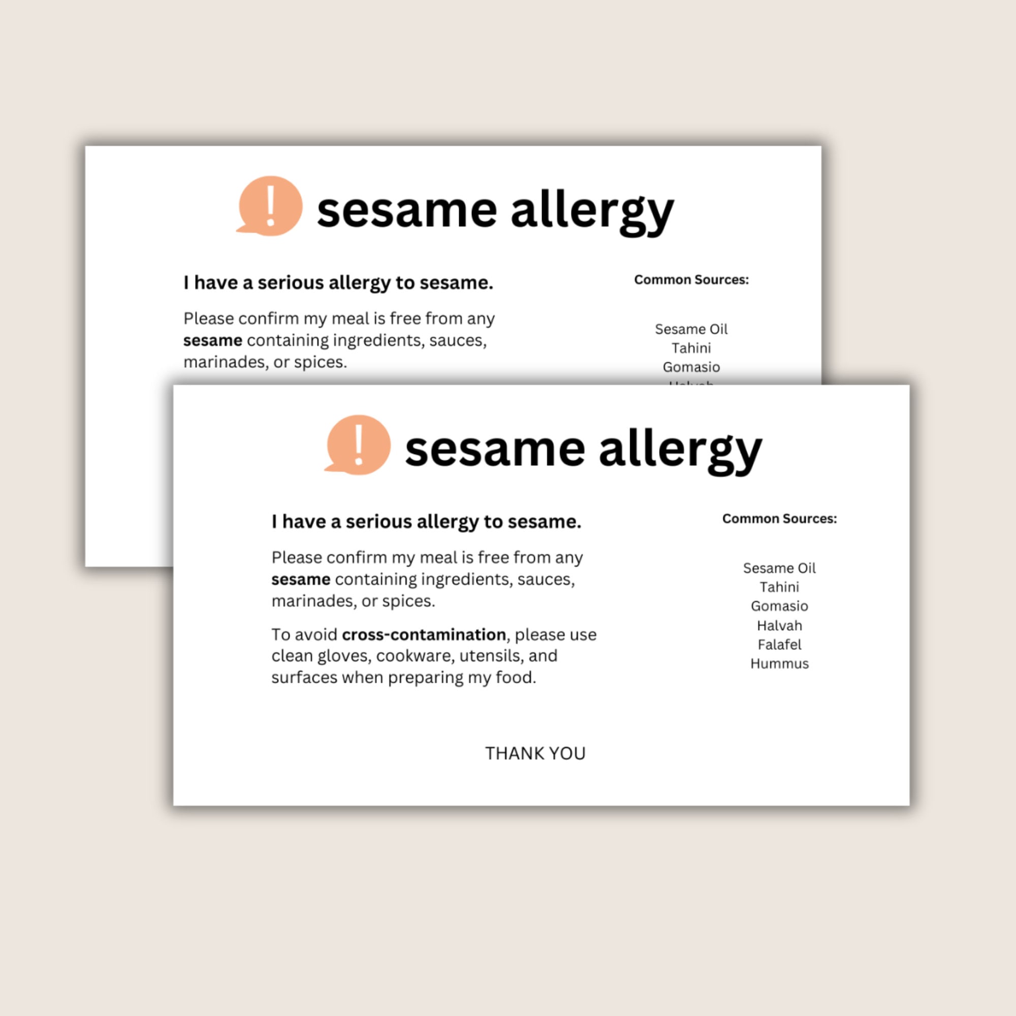 Printable Sesame Allergy Food Alert Cards - Allergy Travel Cards ...