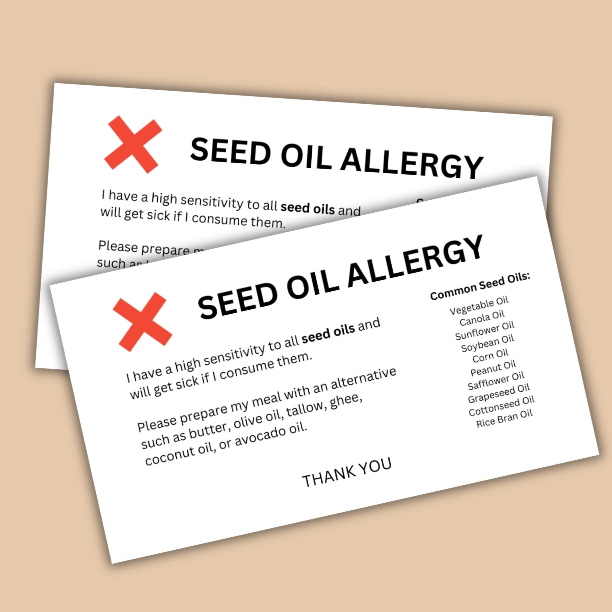 Printable Seed Oil Allergy Food Alert Cards Allergy Travel Cards ...