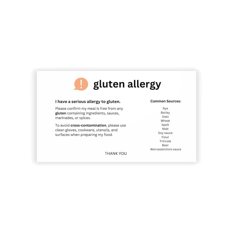 Gluten Food Allergy Card - Etsy