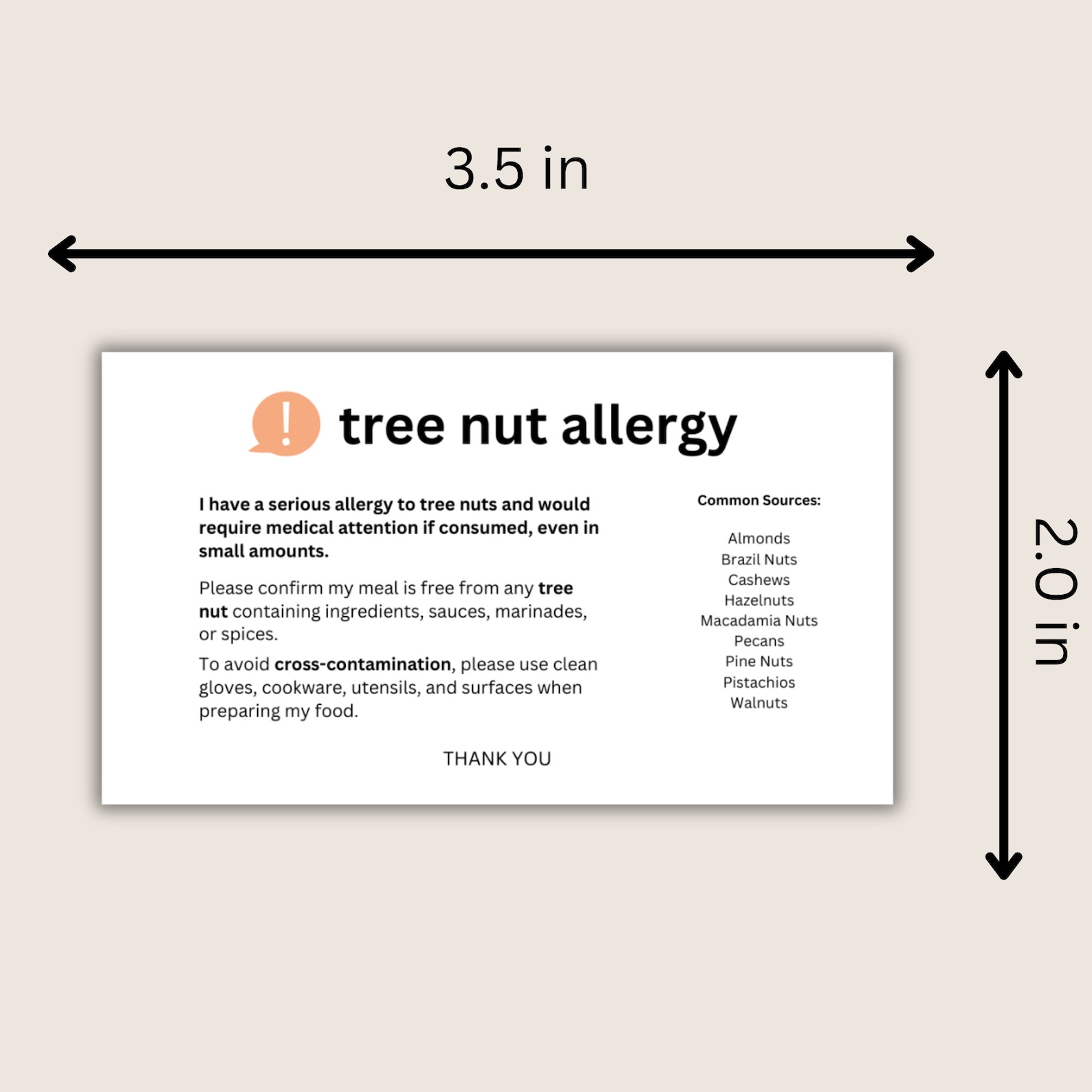 Printable Tree Nut Allergy Food Alert Cards - Allergy Travel Cards ...