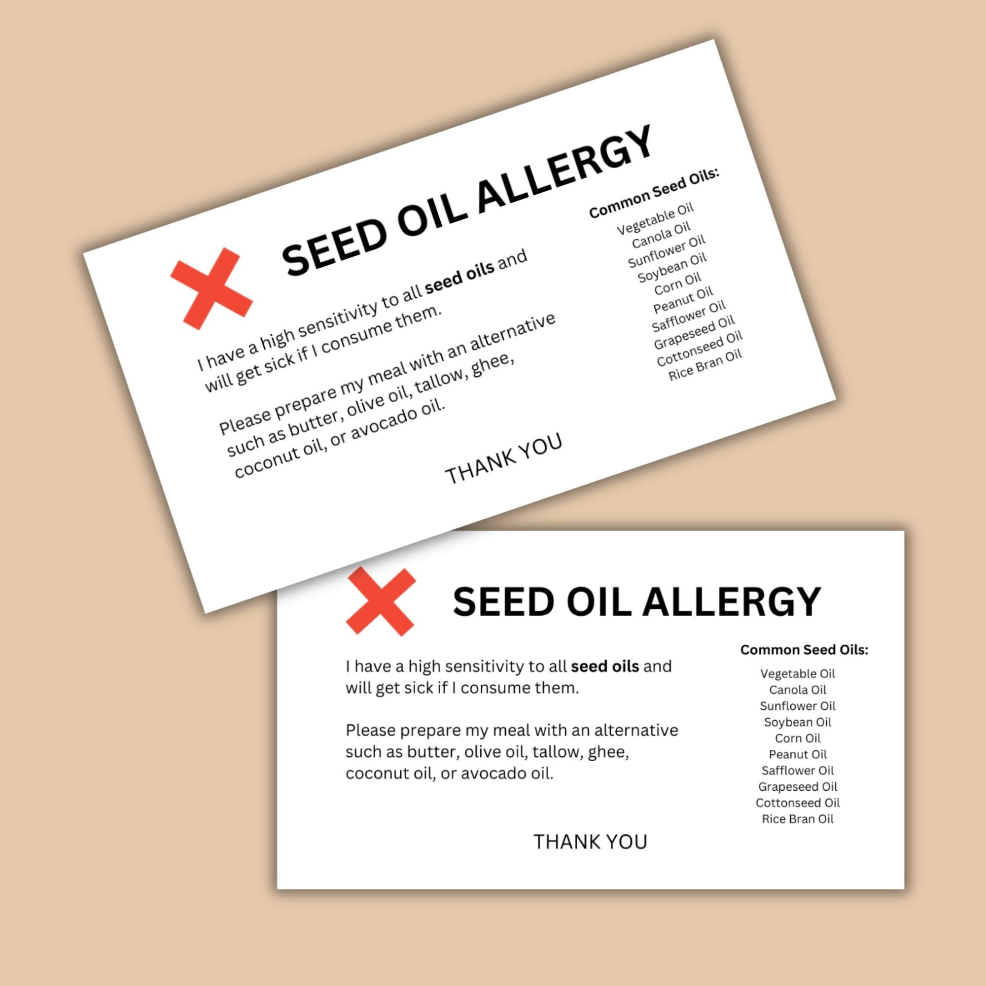 Printable Seed Oil Allergy Food Alert Cards Allergy Travel Cards ...