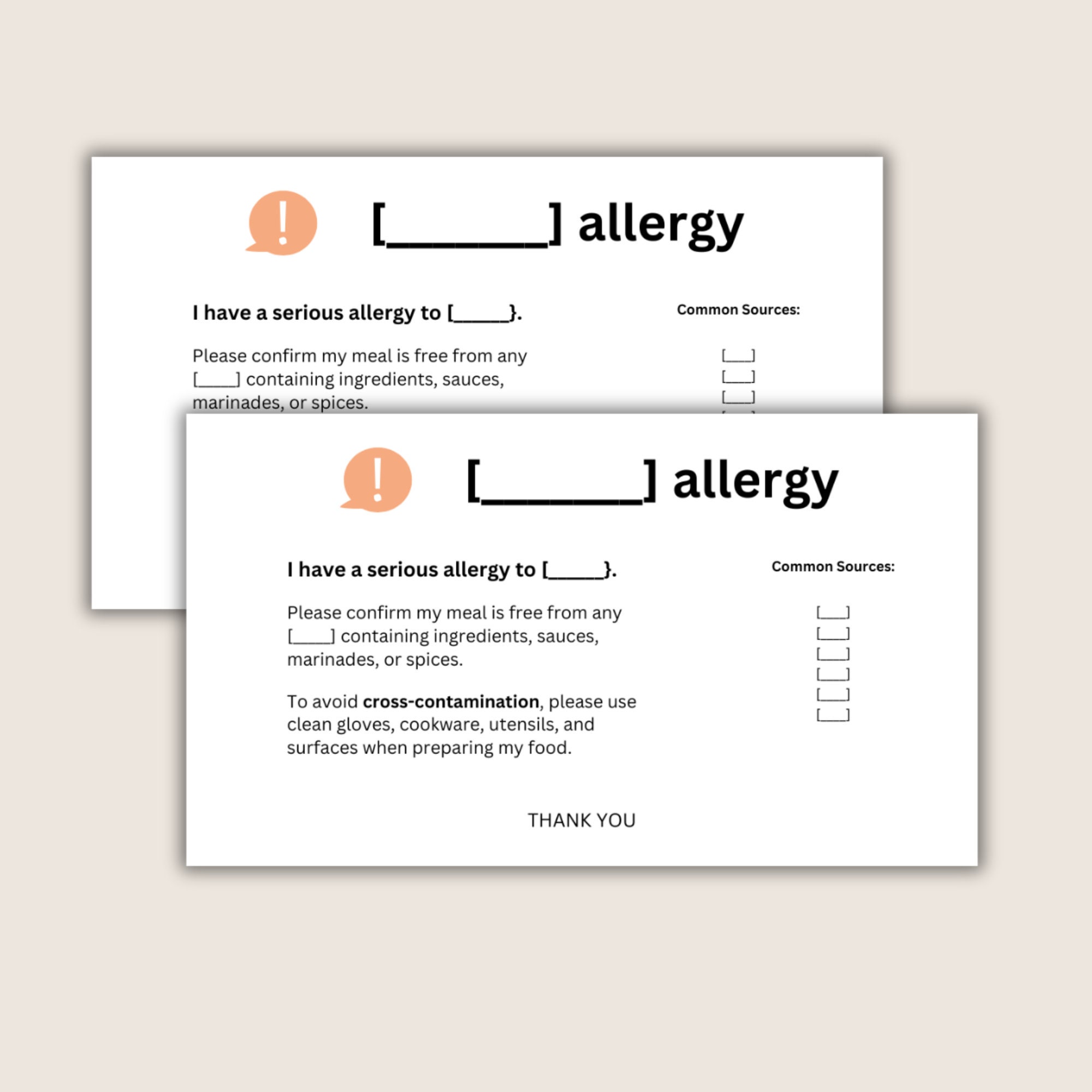 Customizable Food Allergy Warning Alert Cards - Medical Alert Card for ...