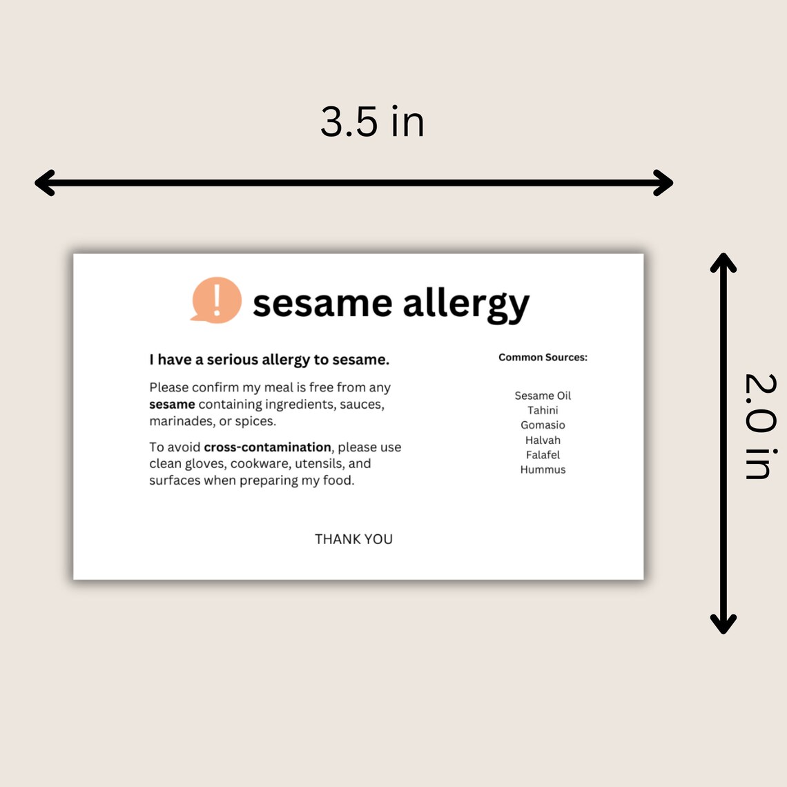 Printable Sesame Allergy Food Alert Cards - Allergy Travel Cards ...