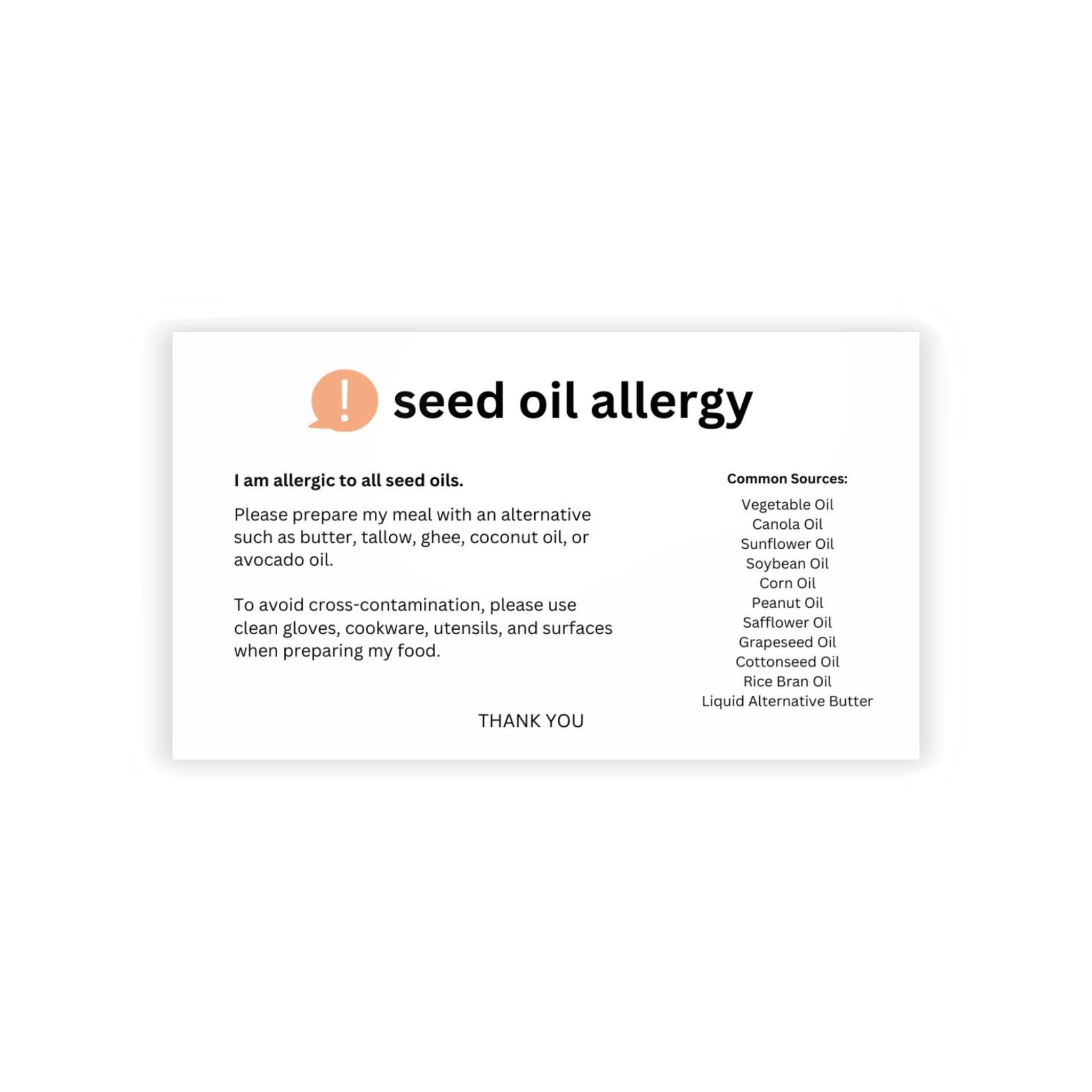 Seed Oil Allergy Card - Etsy