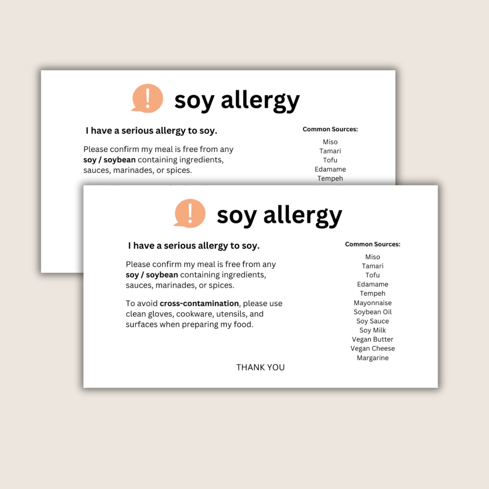 Printable Soy Allergy Food Alert Cards - Allergy Travel Cards ...