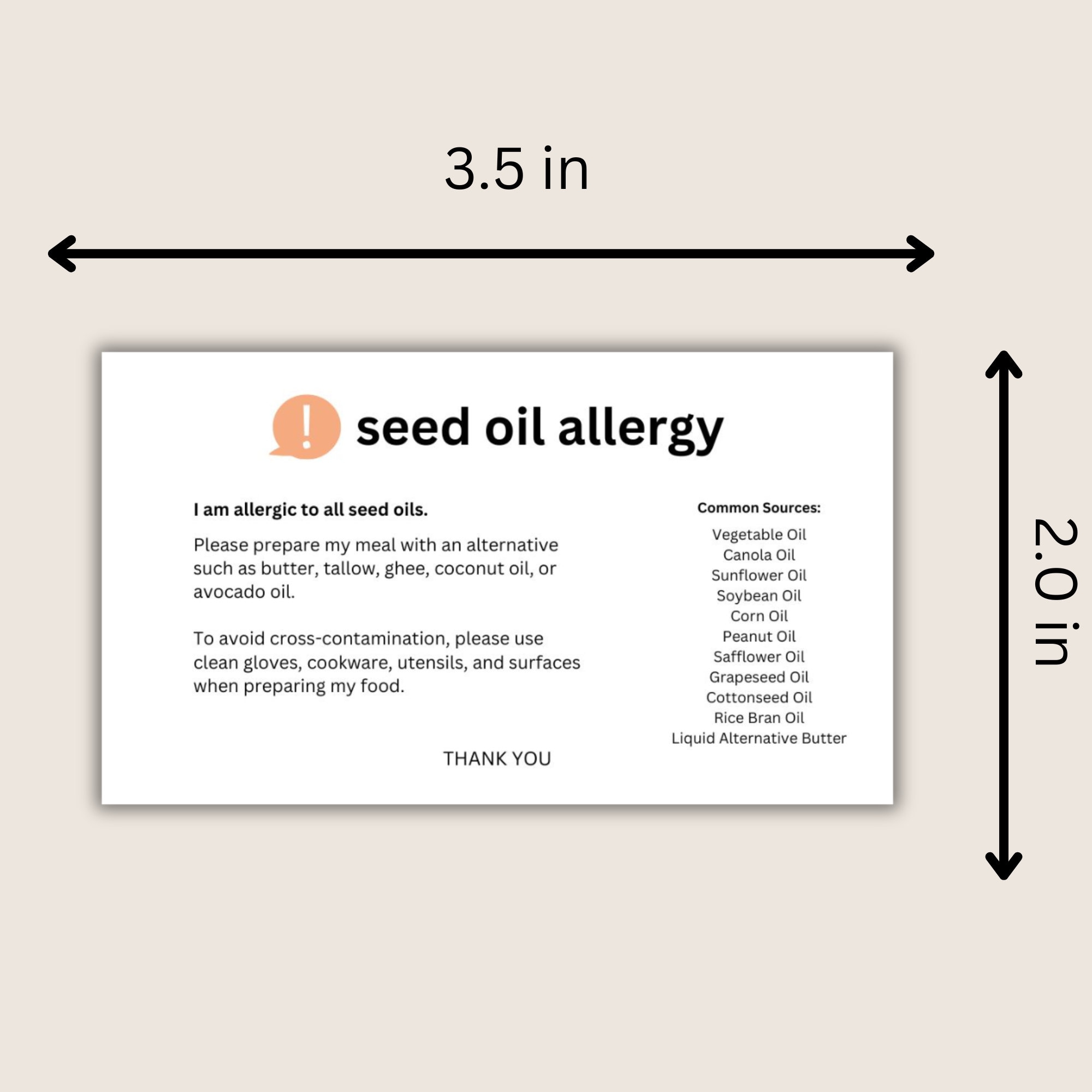 Printable Seed Oil Allergy Food Alert Cards - Allergy Travel Cards ...