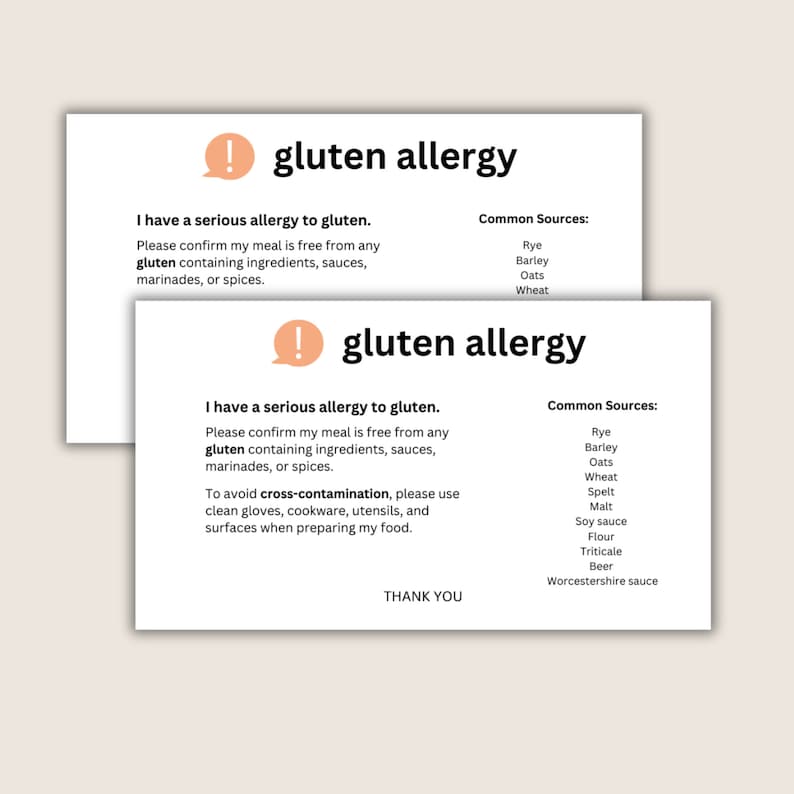 Printable Gluten Free Food Allergy Card - Celiac Disease Medical Alert ...