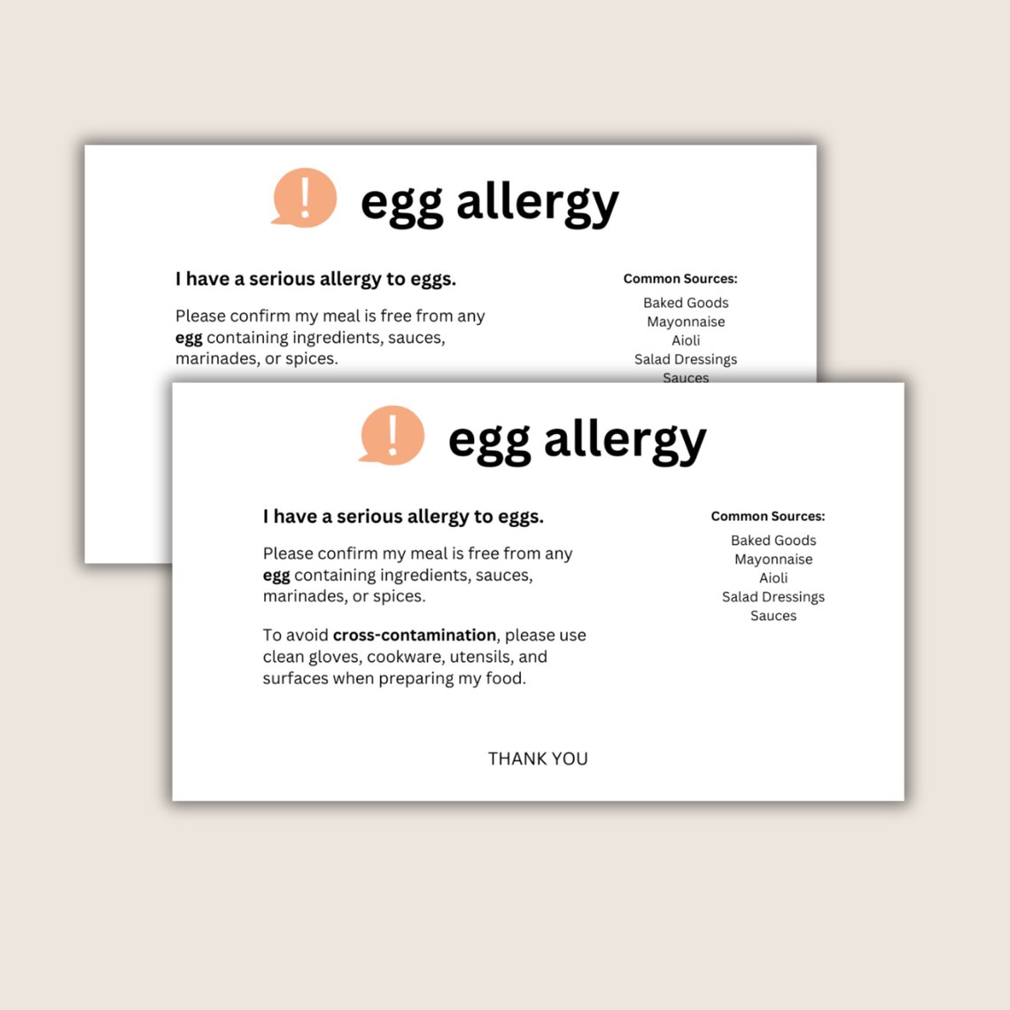 Printable Egg Allergy Food Alert Cards - Allergy Travel Cards ...