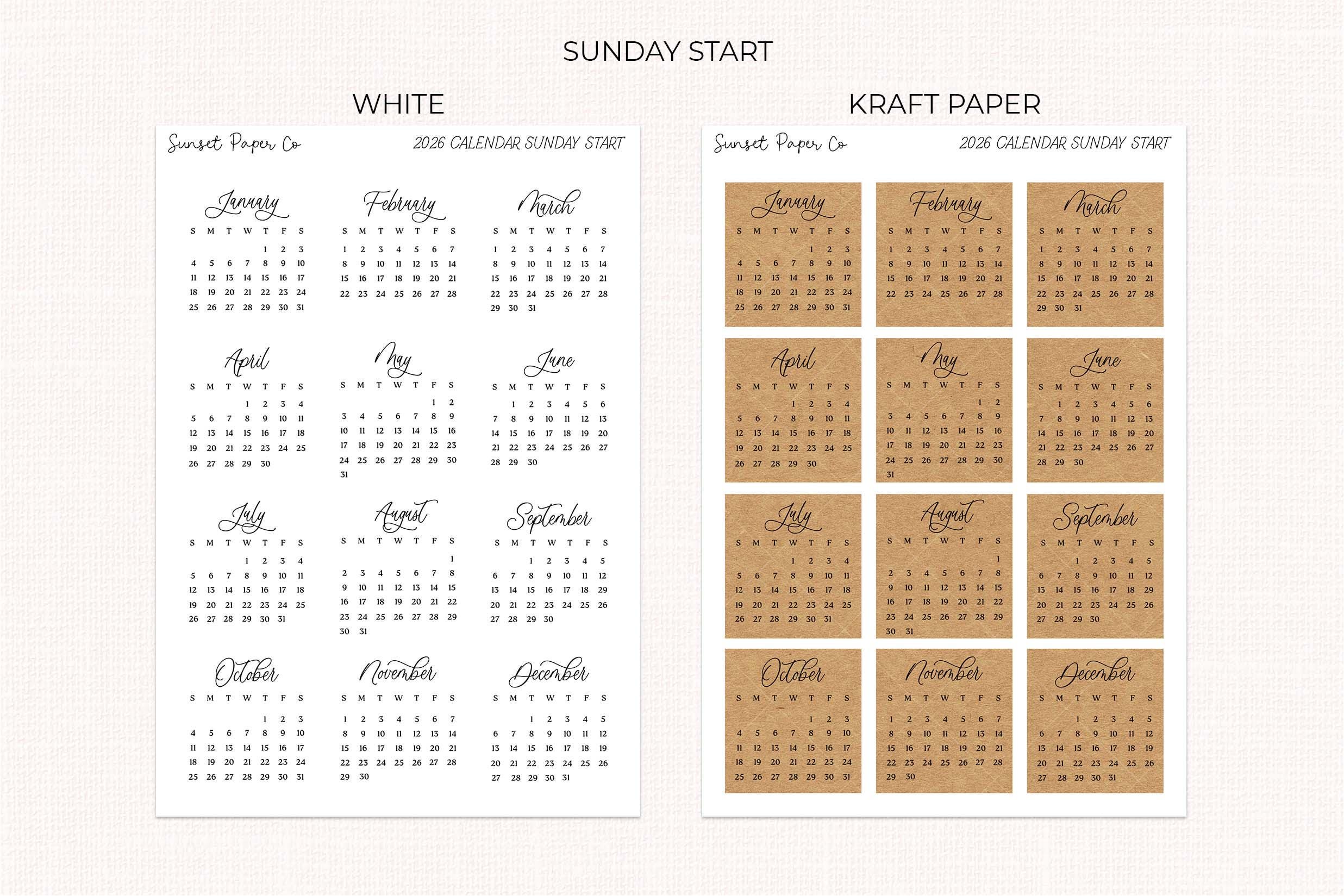 2026 Mini Calendars Script Printable Stickers - Functional Digital ...